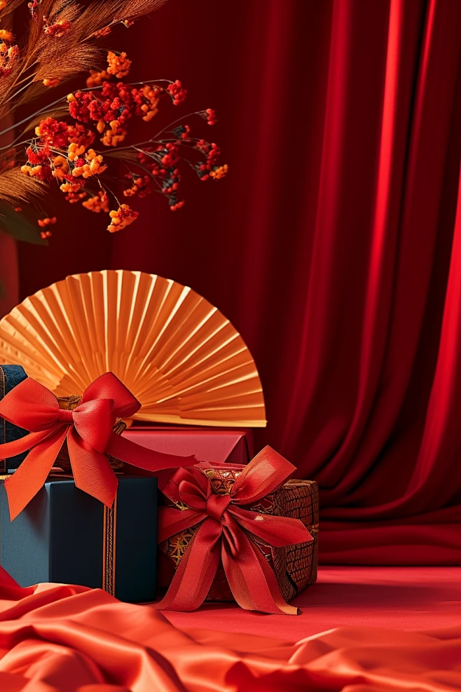 Gift, golden fans and bow on red curtains, in the style of paper ...