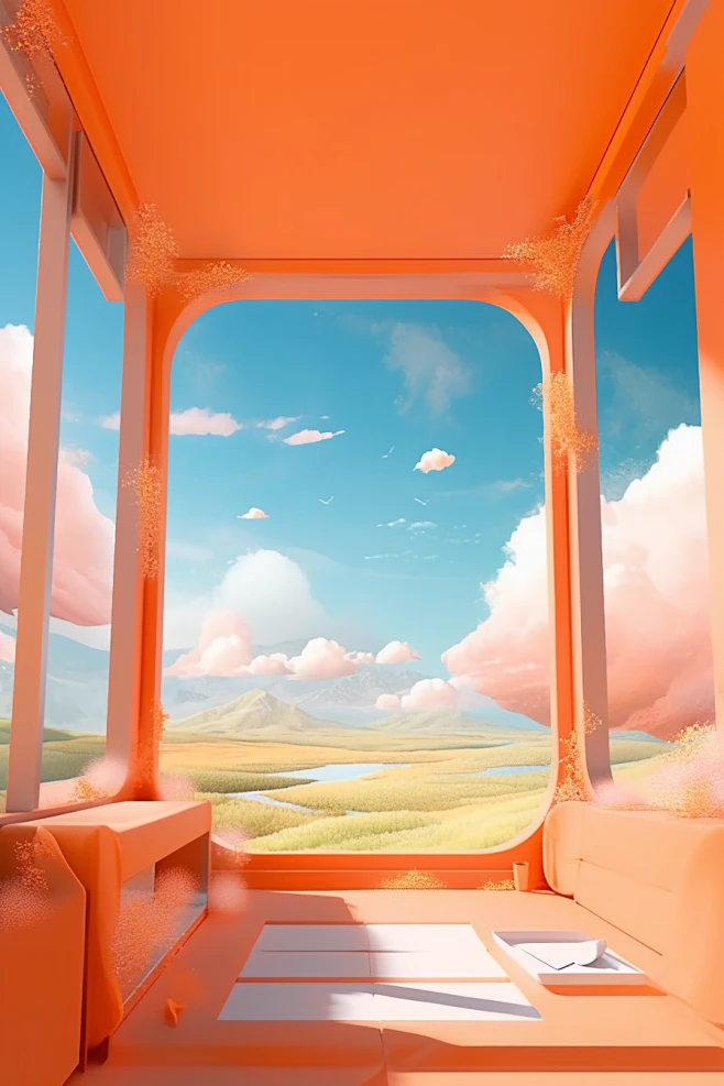 an orange room has two windows that open up into a scene, in the style ...