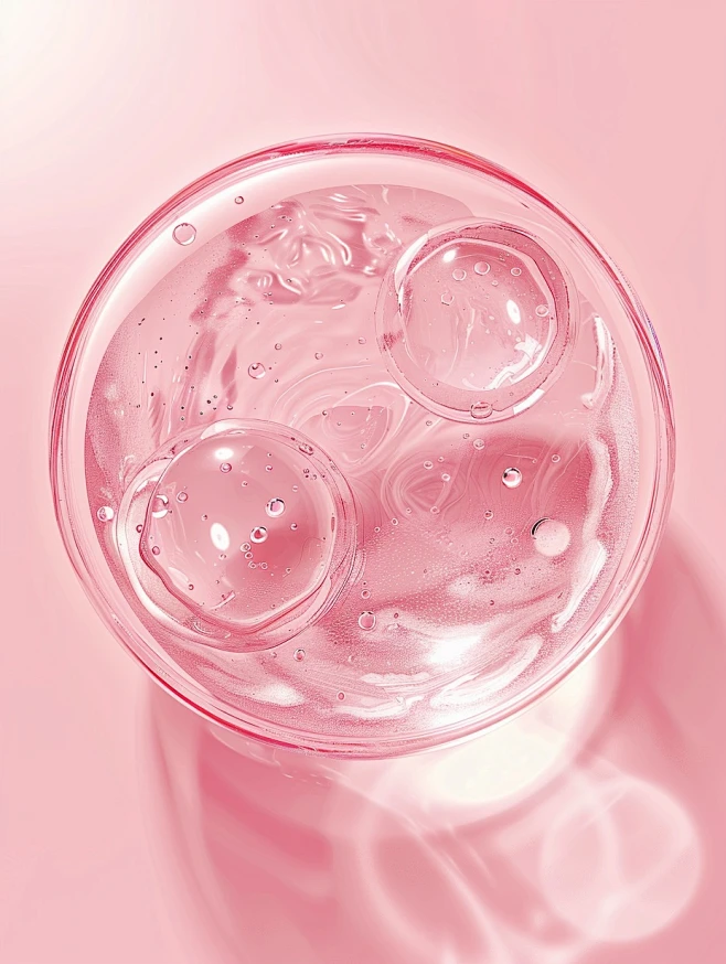 A pink circular transparent glass texture, filled with water and two ...