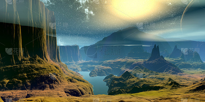 Alien Planet. Mountain and lake. 3D rendering
