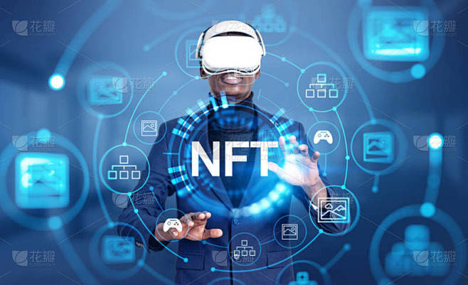 戴vr眼镜的黑人商人用数字图标电路触摸NFT hud全息图。虚拟世界和加密艺术的概念