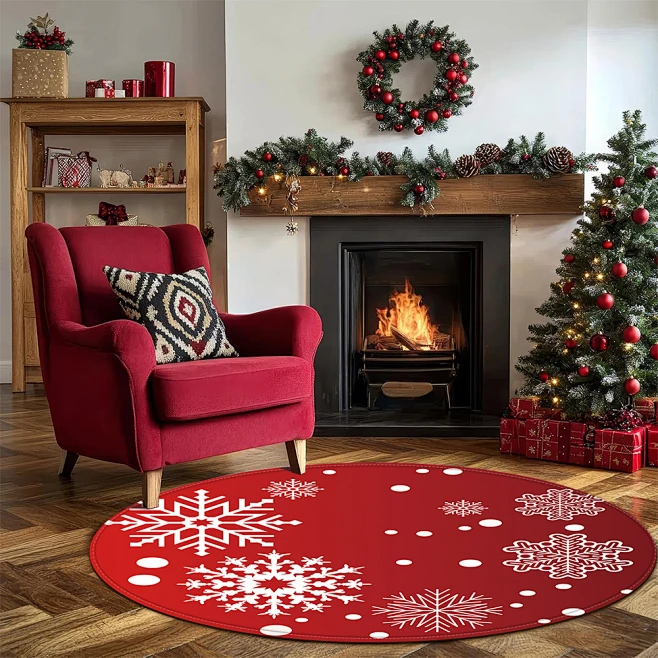 跨境圣诞装饰雪人圣诞老人麋鹿雪人圆形家用地毯地垫 多尺寸直径-花瓣网