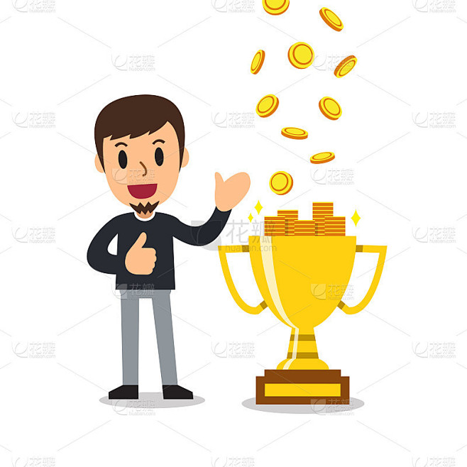 Cartoon man earning money with trophy
