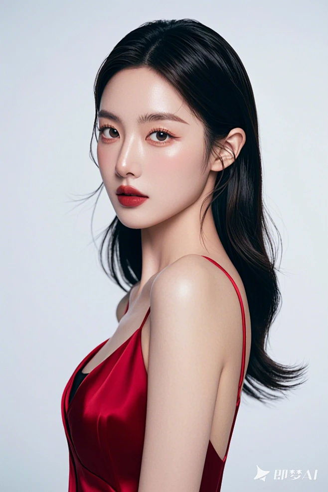 摄影人像，御姐写真，向右歪头，手扶眼，肤白透亮，标准正面半身证件照，五官立体，不要碎发，正面照，头上留2厘米空白，高级精致五官，淡妆，东方面孔 ...