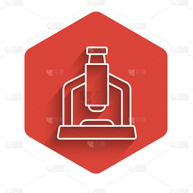 白线显微镜图标孤立与长阴影背景。化学、制药仪器、微生物放大工具。红色的六角按钮。向量