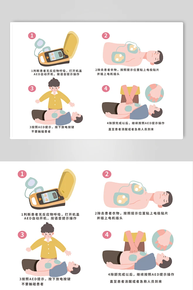 卡通手绘AED急救步骤医疗插画-众图网-花瓣网
