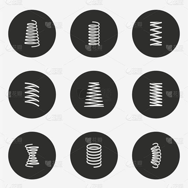 弹簧矢量图标。集螺旋、钢、卷、柔性等。圆形按钮.