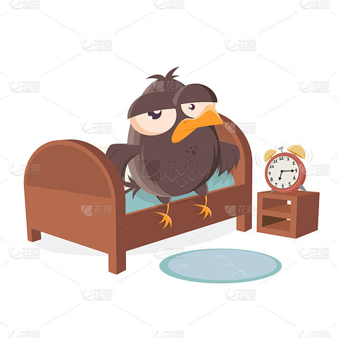 sleepy cartoon bird is getting out of bed