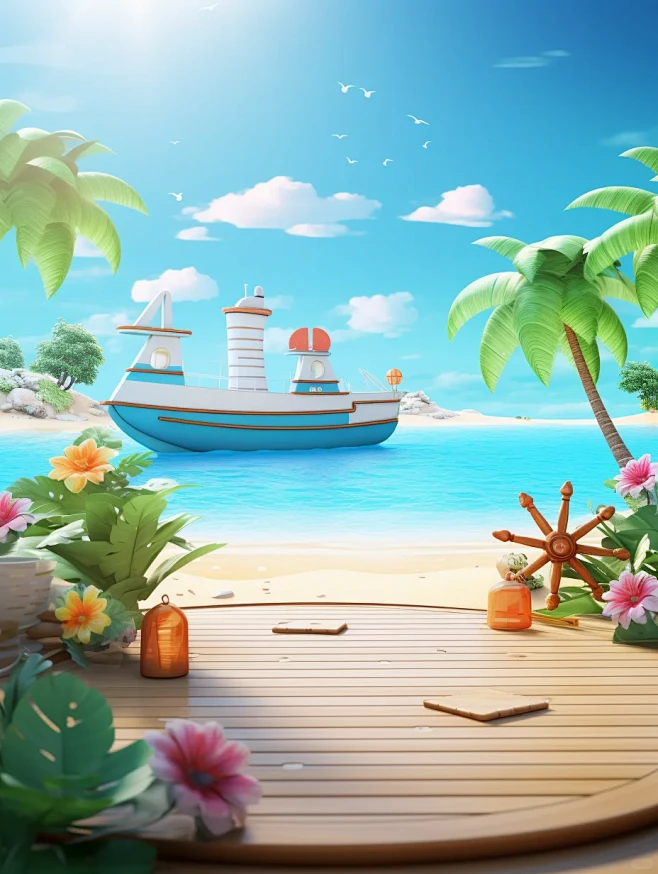 Seaside beach scene, flat cylindrical table, clean table, stage ...