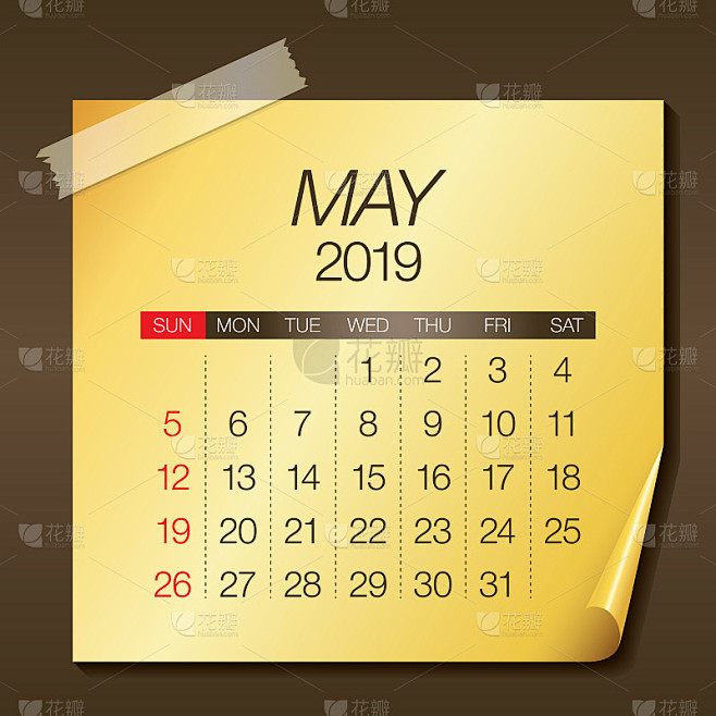 2019年5月月历矢量插图