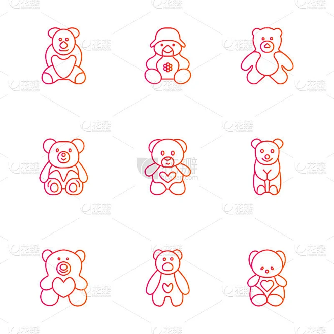 Teddy bear plush toy flat vector icons set素材-花瓣网