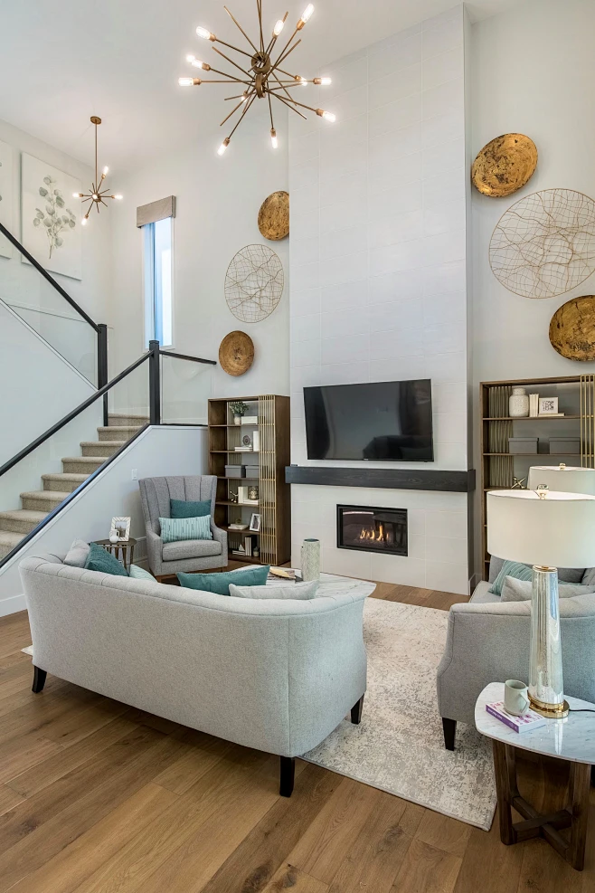Living room - large contemporary open concept brown floor and light ...