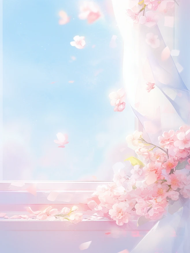 a pink bouquet of fresh air and cherry blossom flowers in front, in the ...