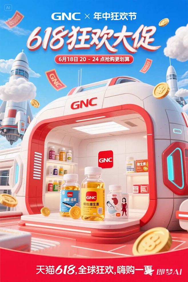 jimeng-2025-05-26-39-这是一张GNC保健品品牌天猫618电商促销海报。构建一个未来感的创意空中飞船的建筑，外观和内部空间融入GNC品牌保健品（鱼油，辅酶，维生素，男女营养包 ...
