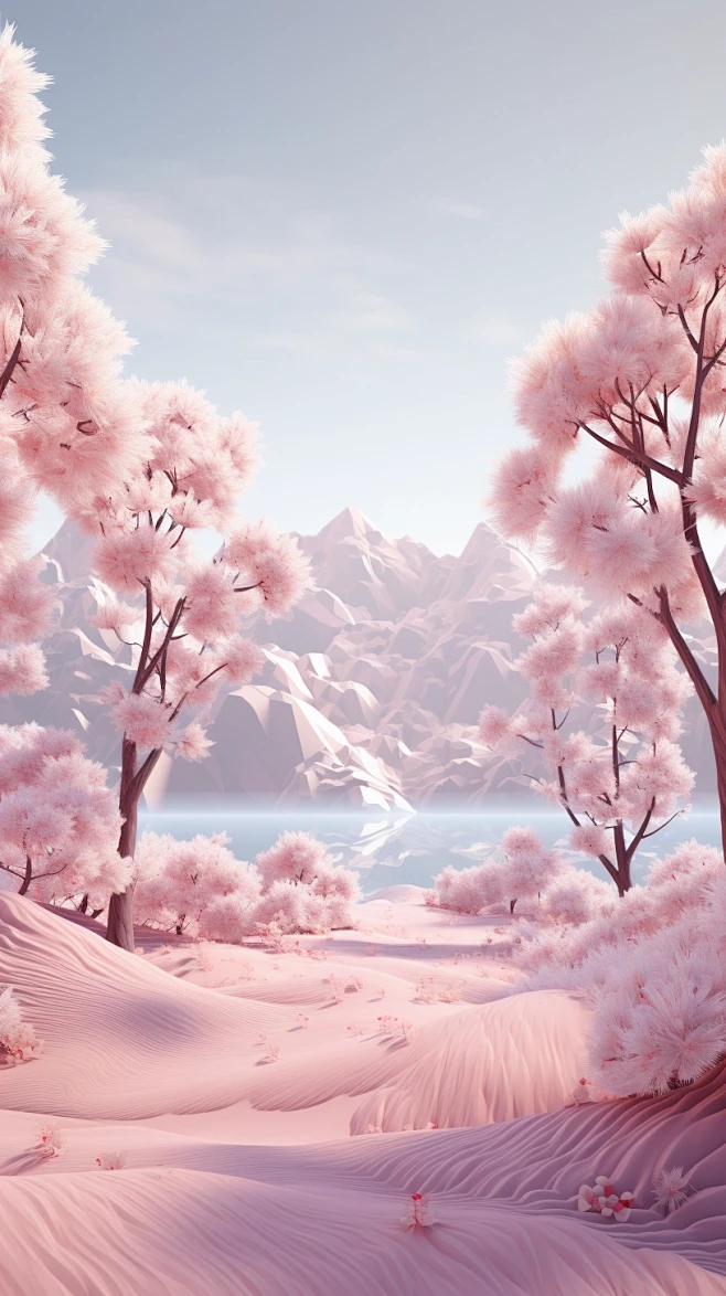 3d animation with some pink trees in winter, in the style of japanese ...