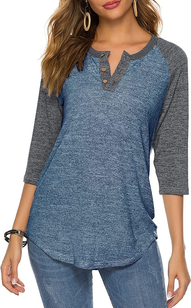 HOCOSIT Women's Raglan Round Neck Summer Tops Ladies Basic Button ...