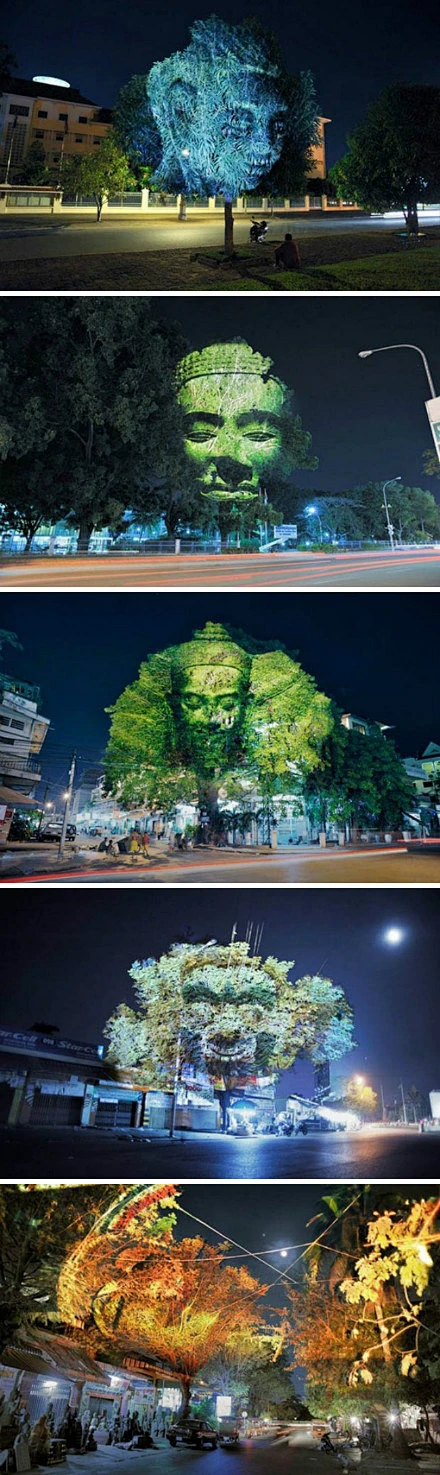 法国摄影师 Clément Briend 擅长于将拍摄的图像透射到各种空间的表面，图上是他在柬埔寨制作的一系列影像，与灯光之间的结合，将拍摄的 ...