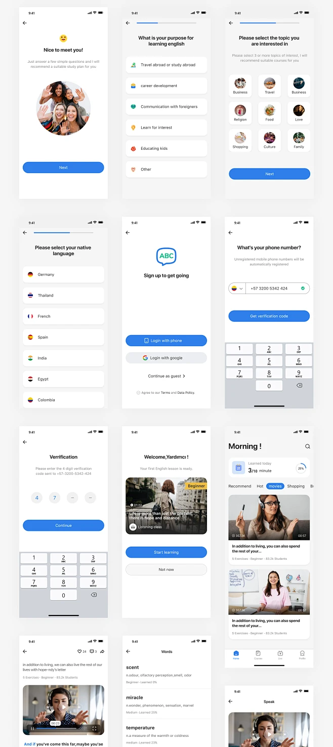 Blue english learning app - UI Kits : English learning, is a Language learning iOS UI Design Kit ...