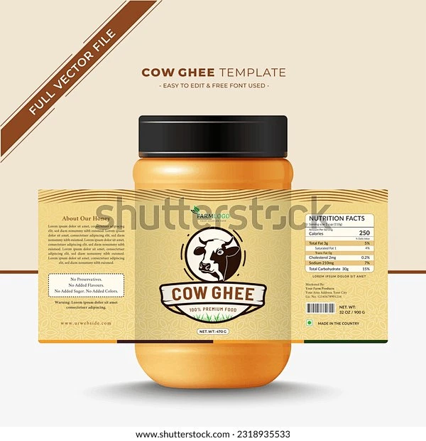 Cow ghee label sticker and design, cow head premium quality butter and ...