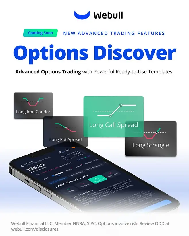 可能是包含下列内容的图形：‎上面的文字是“‎Webull Coming Soon NEW ADVANCED TRADING FEATURES Options Discover Advanced ...
