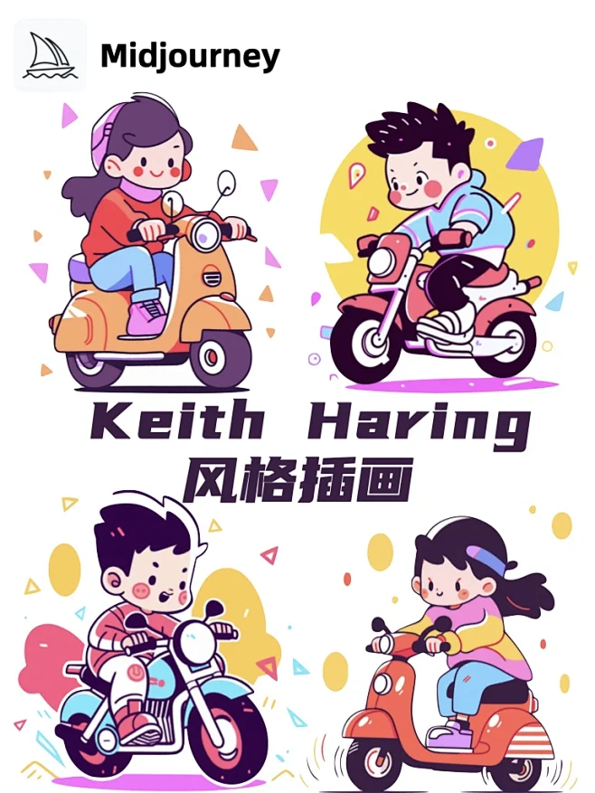 Cute cartoon boy riding motorcycle, doodle in the style of Keith Haring ...