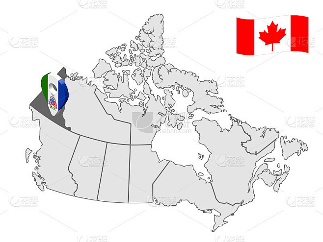 加拿大地图上的育空位置。3d育空位置标志。育空的旗帜。加拿大质量地图。股票向量。EPS10。