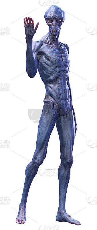 3D插图蓝色男性外星人在白色