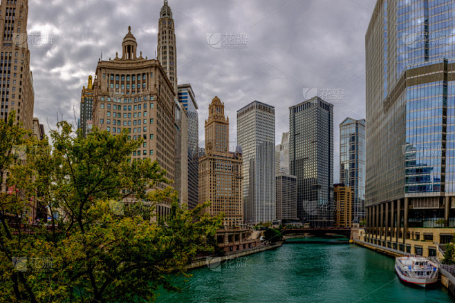 芝加哥河,城市天际线,密西根大桥,美国,水平画幅,建筑,芝加哥市,无人,客轮,密西根大道