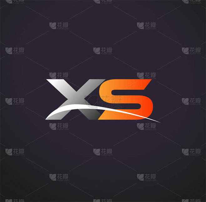 最初的字母XS标志类型公司的名称彩色灰色和橙色swoosh设计。在黑色背景上隔离.