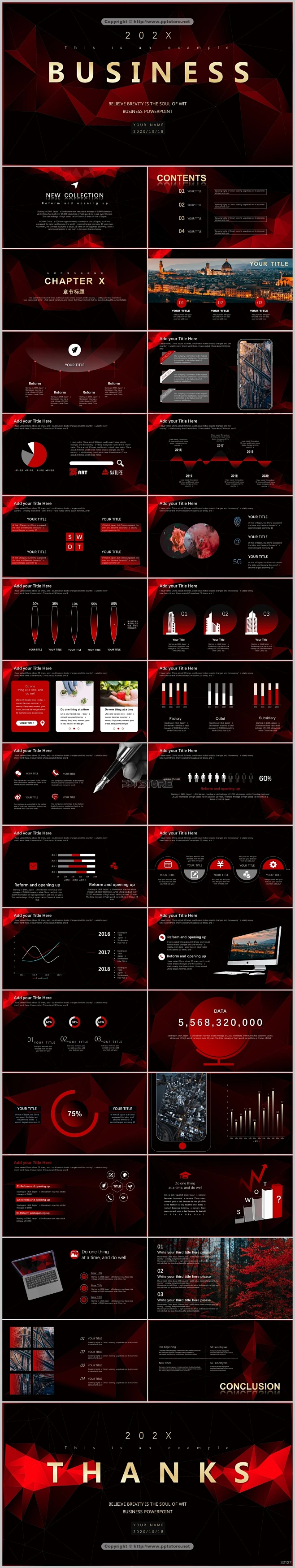 【红黑酷炫】大气极简几何低多边形商务报告模版2PPT模板由快乐鹦鹉设计制作，共31页，属于静态PPT模板，支持16:9显示，评价高达4.8分（满分5），非常精美实用的PPT模板，欢迎购买下载 ...