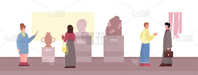参观古代艺术史博物馆，卡通平面矢量插画。