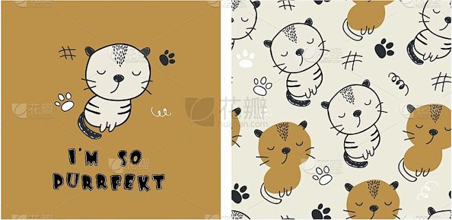 set of cute cat print and seamless pattern with ca