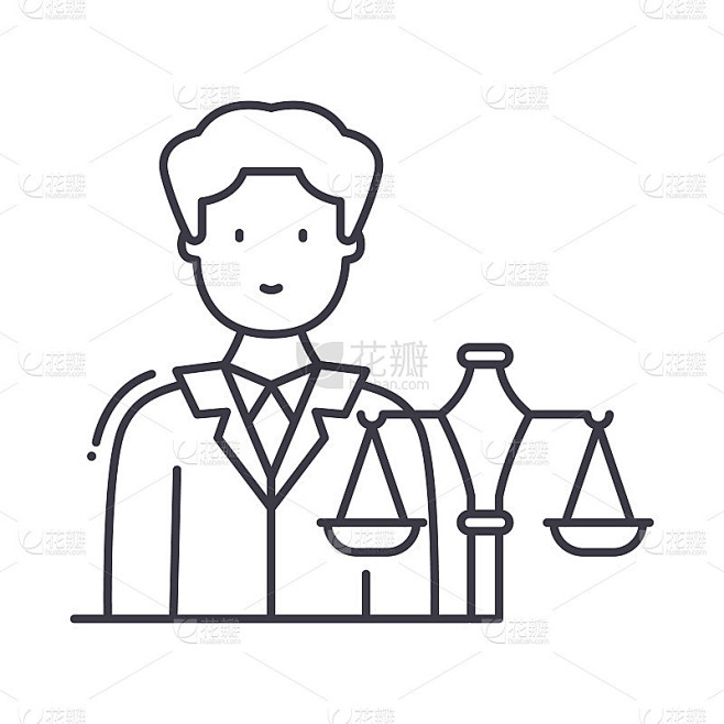 律师图标，线性孤立的插图，细线矢量，网页设计标志，轮廓概念符号与可编辑的白色背景笔触。