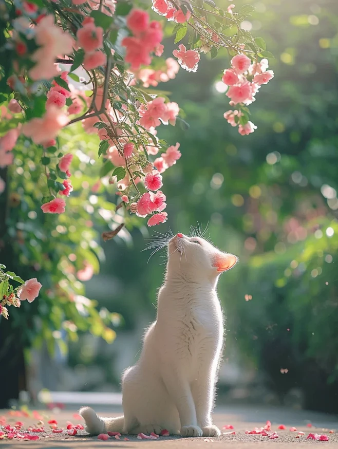 阳光下的小猫，和花儿的温柔时光