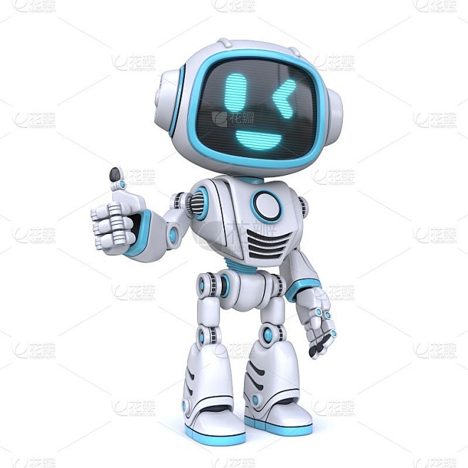 可爱的蓝色机器人对3D竖起大拇指