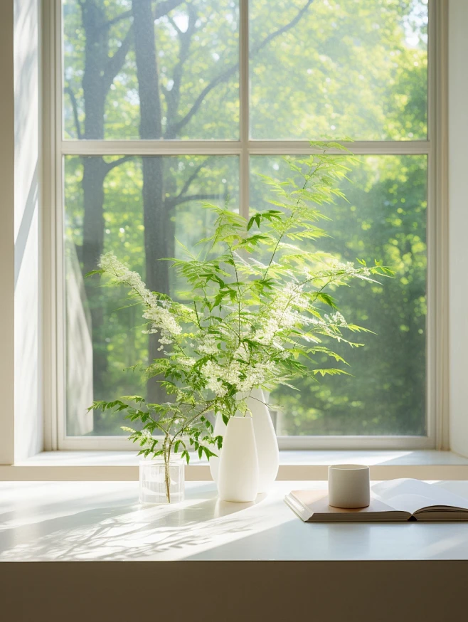 An empty window with plants and blinds, in the style of light white and ...