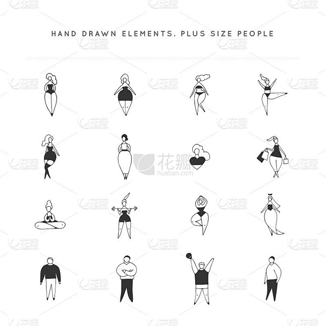 Set of hand drawn icons. Happy attractive overweig