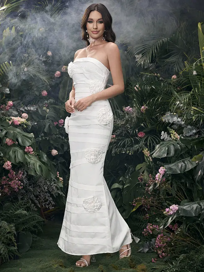 Coutiva White Elegant Luxury Bustier Floral Patchwork Fitted Split Maxi Formal Dress, Wedding ...