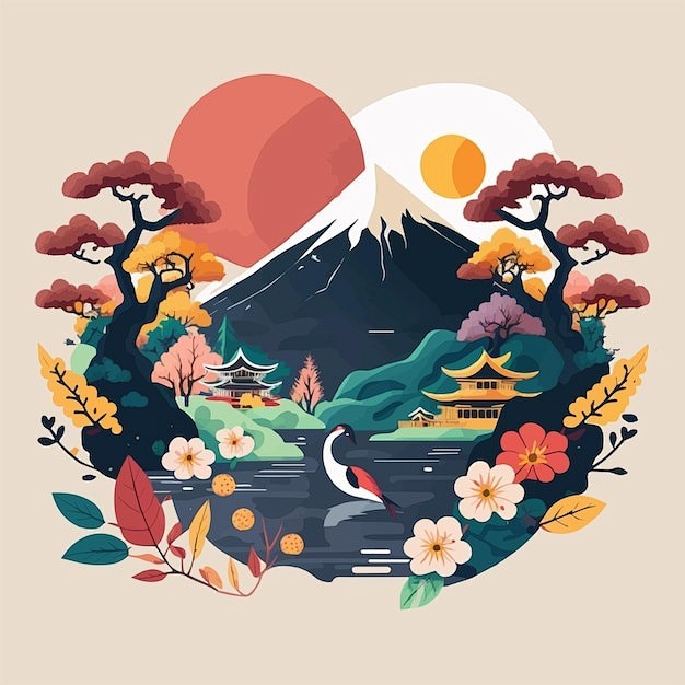 日本富士山旅游风景插画矢量图设计素材