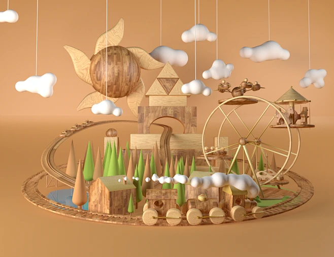 3D卡通游乐园过山车铁路场景C4d模型下载-花瓣网