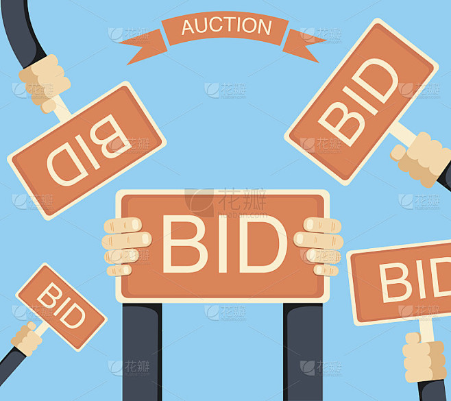 Auction and bidding banner with hands holding bord