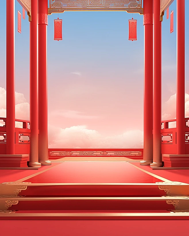 Red floor background with golden frame and chinese temple, in the style ...