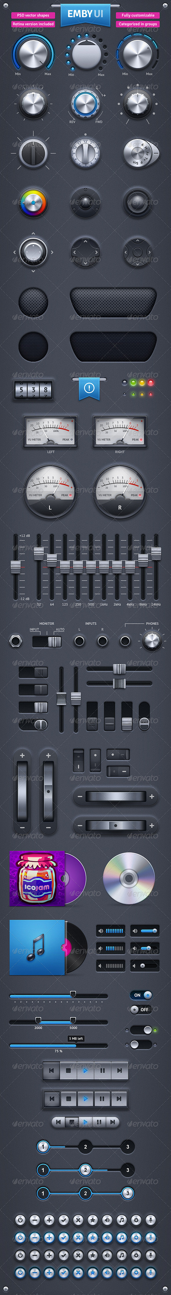Emby UI(用户界面网页元素Emby UI - User Interfaces Web Elements音频、按钮控件,计数器,均衡器,游戏手柄,gui,icojam,输入,旋钮,音乐 ...
