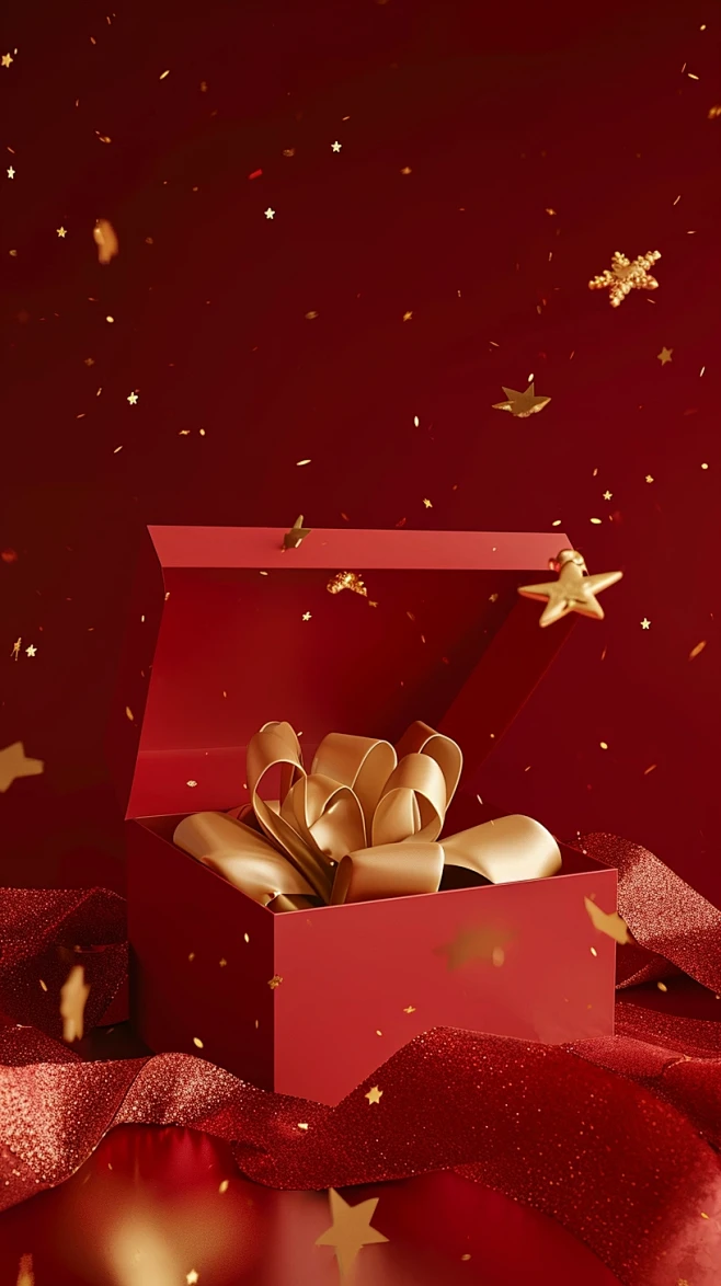 Open christmas gift box with golden ribbon and stars, in the style of ...