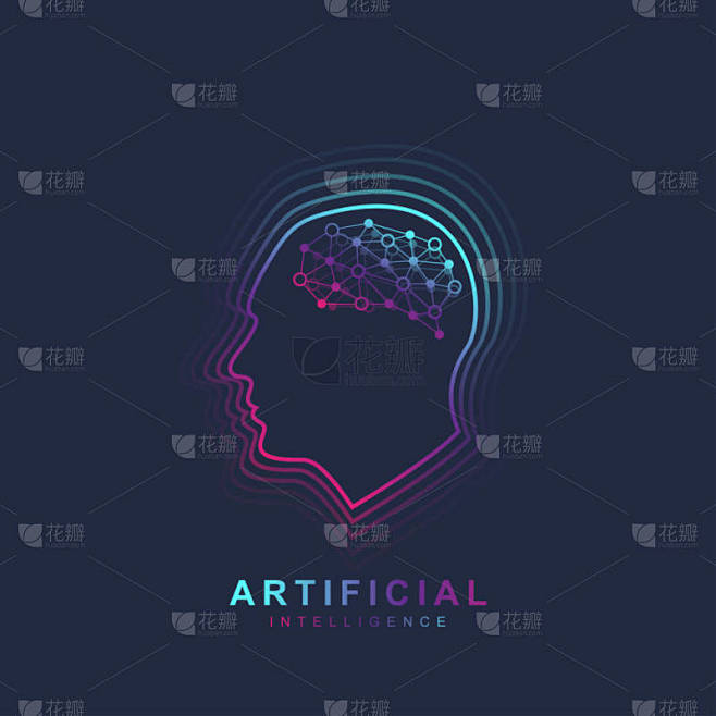 人工智能和机器学习 Logo 的概念。人类头部轮廓与大脑图标。矢量符号 Ai。脑标识模板.