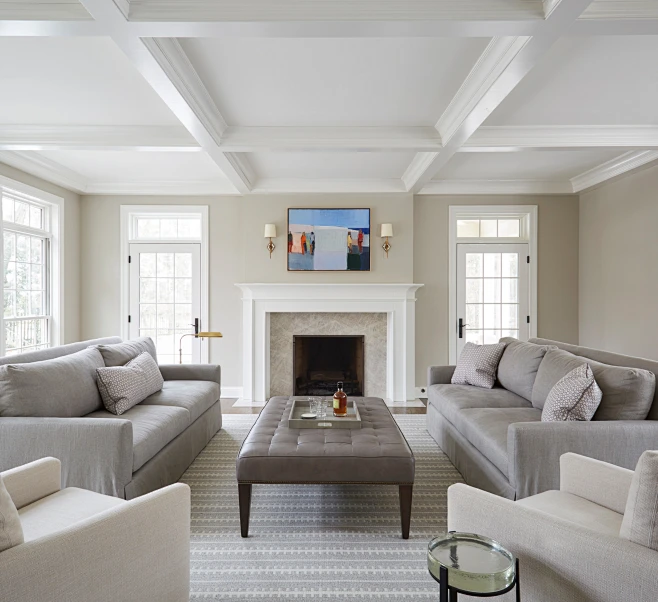 Example of a large transitional formal coffered ceiling living room ...