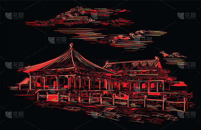 Red China hand drawing landmark 4