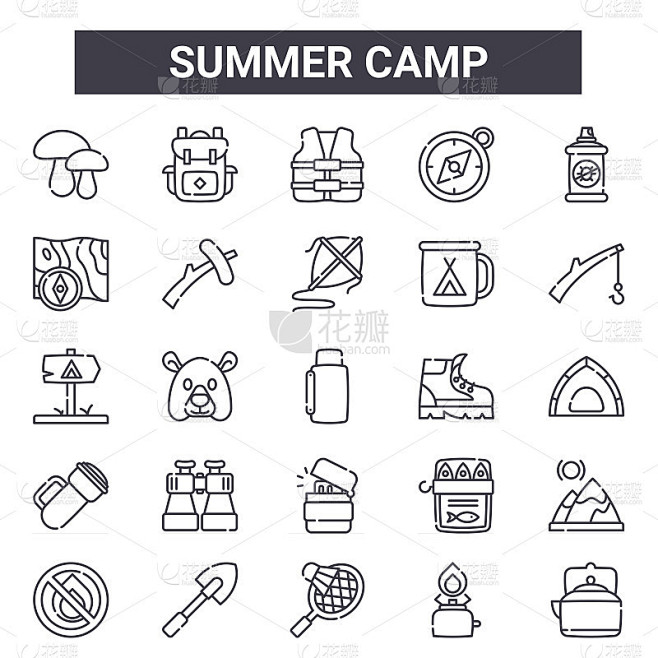 summer camp outline icon set. includes thin line i