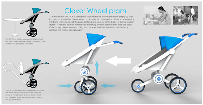 clever wheel pram，为小孩做的产品设计，可伸缩的轮子设计，为小孩的安全和方便的出行提供了保证，体现了对小孩的关怀，浙江大学