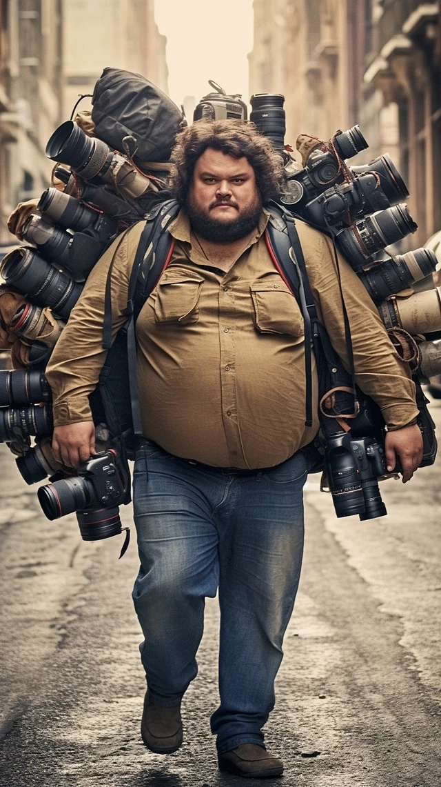 full body photography of a professional fat photographer on street ...